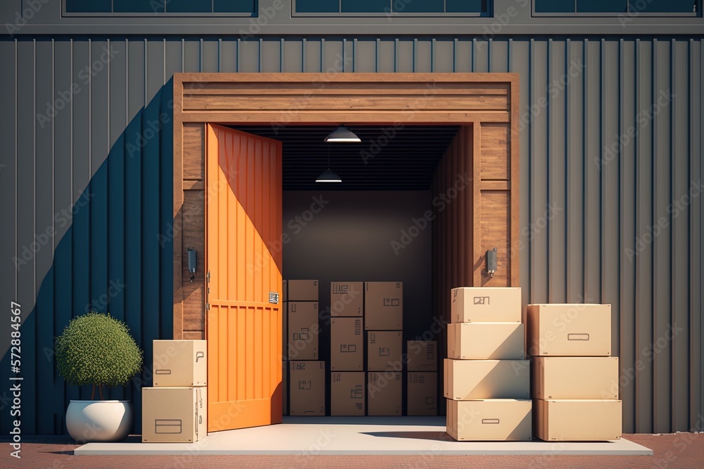 warehouse front hangar entrance with wooden pallets cardboard boxes and ...