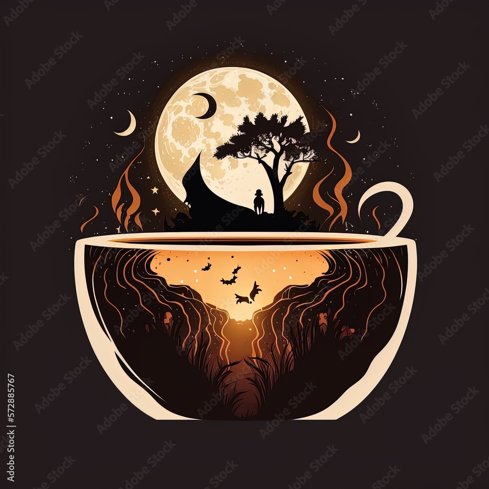 enchanted coffee in a cauldron with the moon behind, generative ...