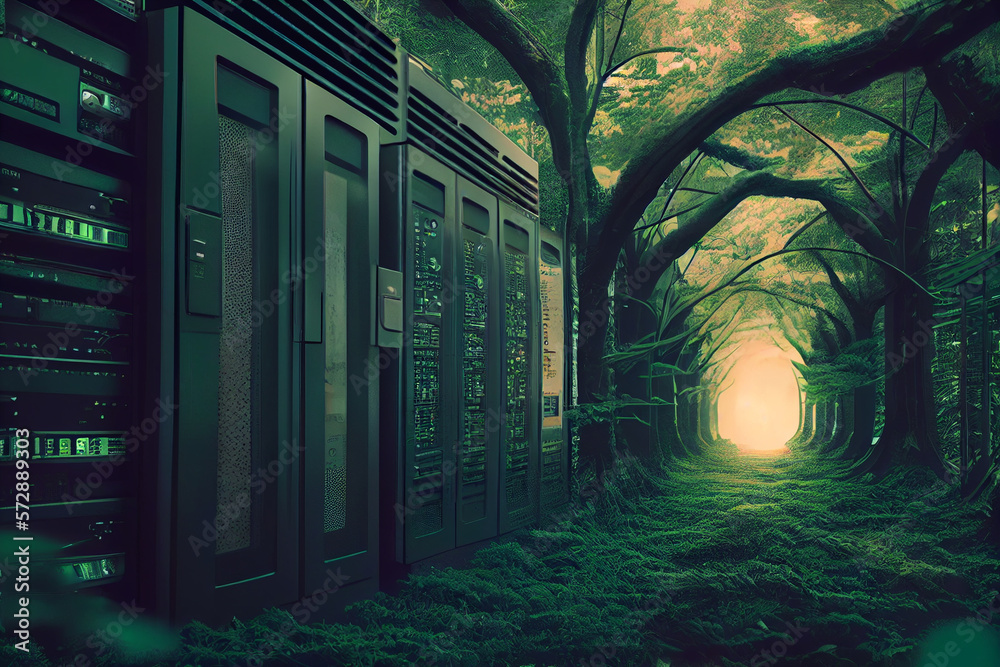 Bright server room with trees and grass growing out of servers, created ...