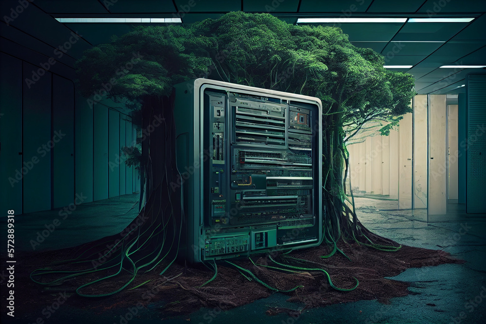 Bright server room with trees and grass growing out of servers, created ...