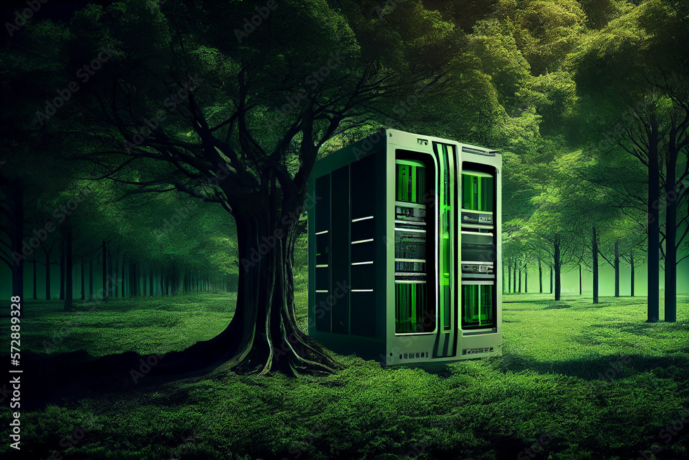 Bright server room with trees and grass growing out of servers, created ...