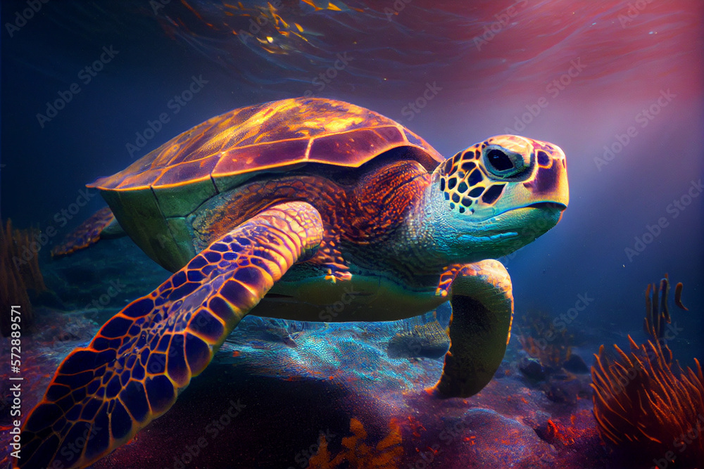 Colorful illustration of a sea turtle swimming over coral reefs ...