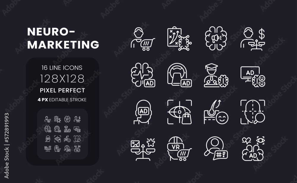 Neuromarketing white linear desktop icons on black. Consumer ...