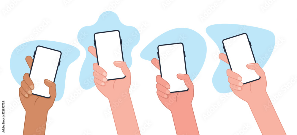 Mobile phone in hand collection - Set of vector mockup illustrations of ...