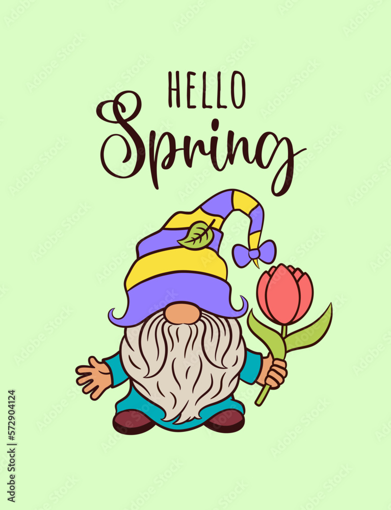 Vecteur Stock Cute spring card design with gnome. Hello spring text ...