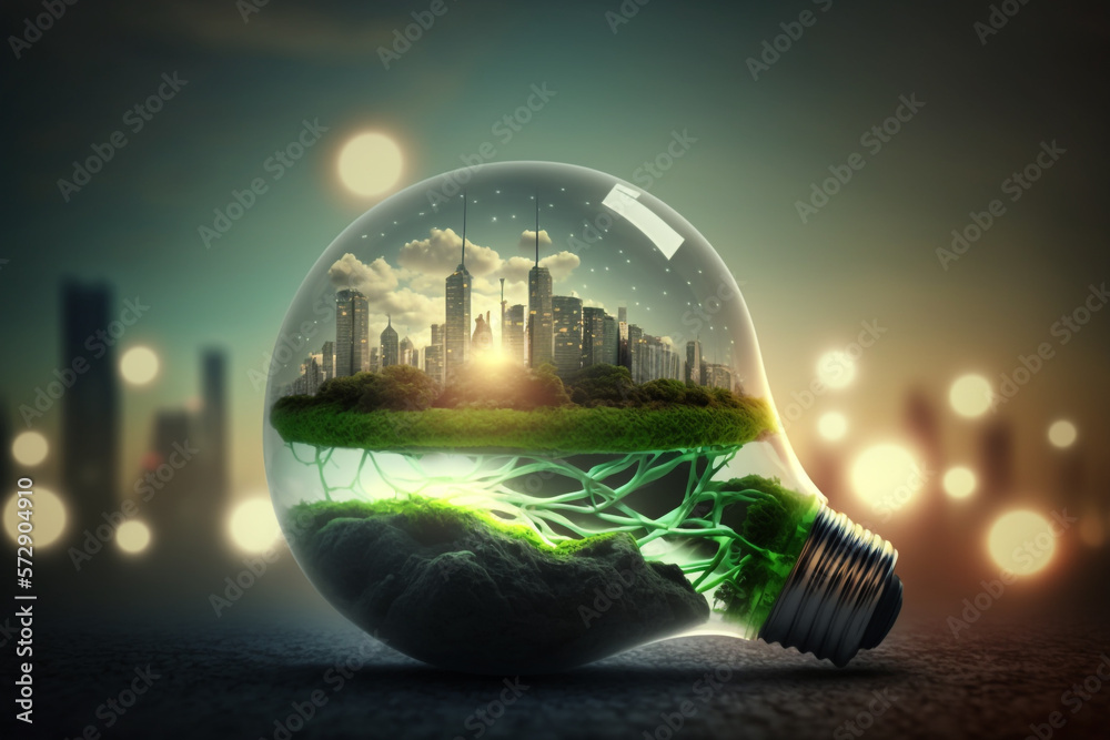 renewable energy-protected light bulb where there is an inside future city in the bulb ...