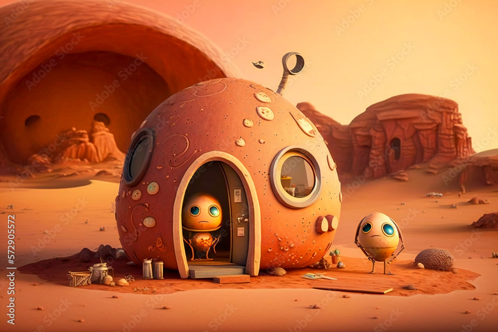 Cute tiny aliens and alien house. Created with Generative AI technology ...