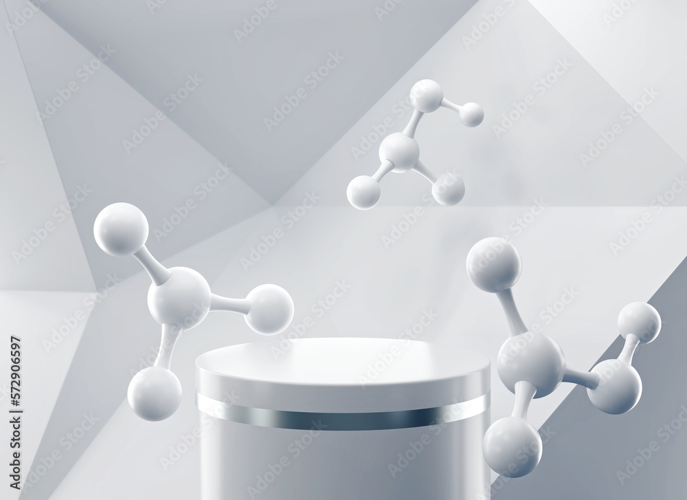 molecule on white wall with display podium mockup background for ...