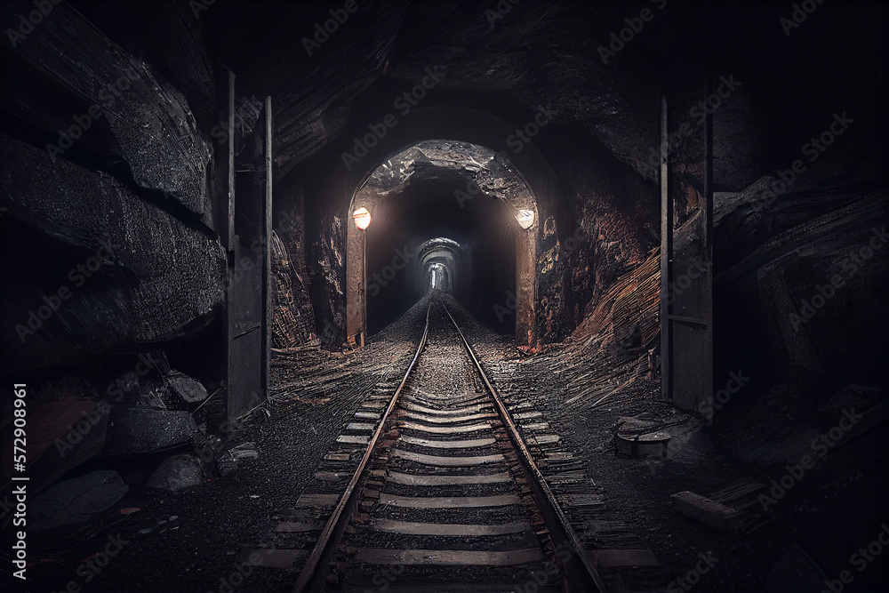 A large underground tunnel with a railway, tram, tram tracks, abandoned, old without people ...