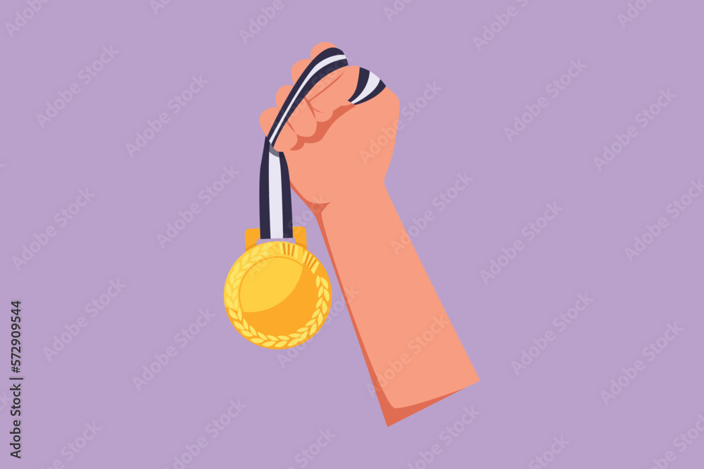 Cartoon flat style drawing of gold medal held by one hand. Athlete hand ...