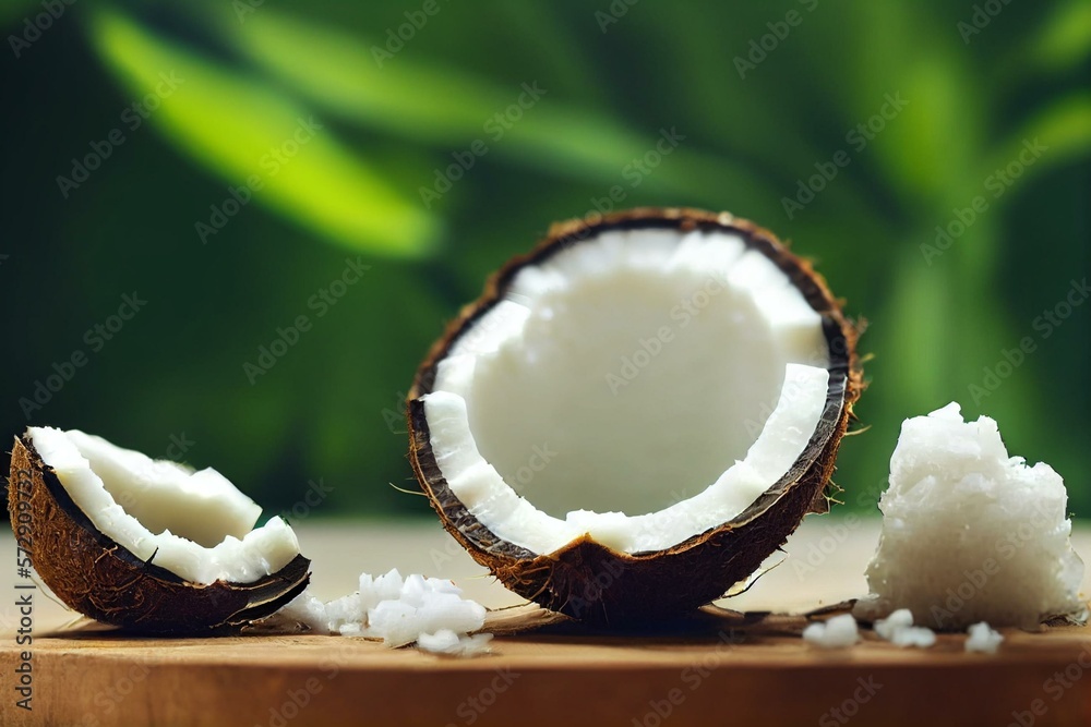 Coconut isolated. Coconut slice and piece with leaves on white ...