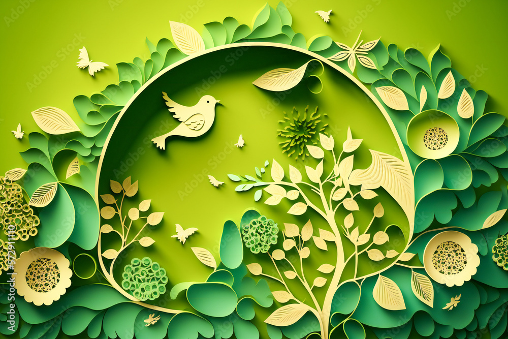 Papercut green nature in spring landscape. Fictional illustration ...