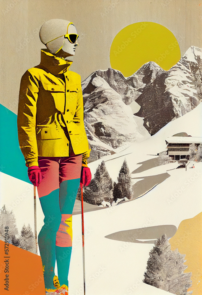 Ski Vacation Poster, Winter sports print, Vintage art, Collage art, AI ...