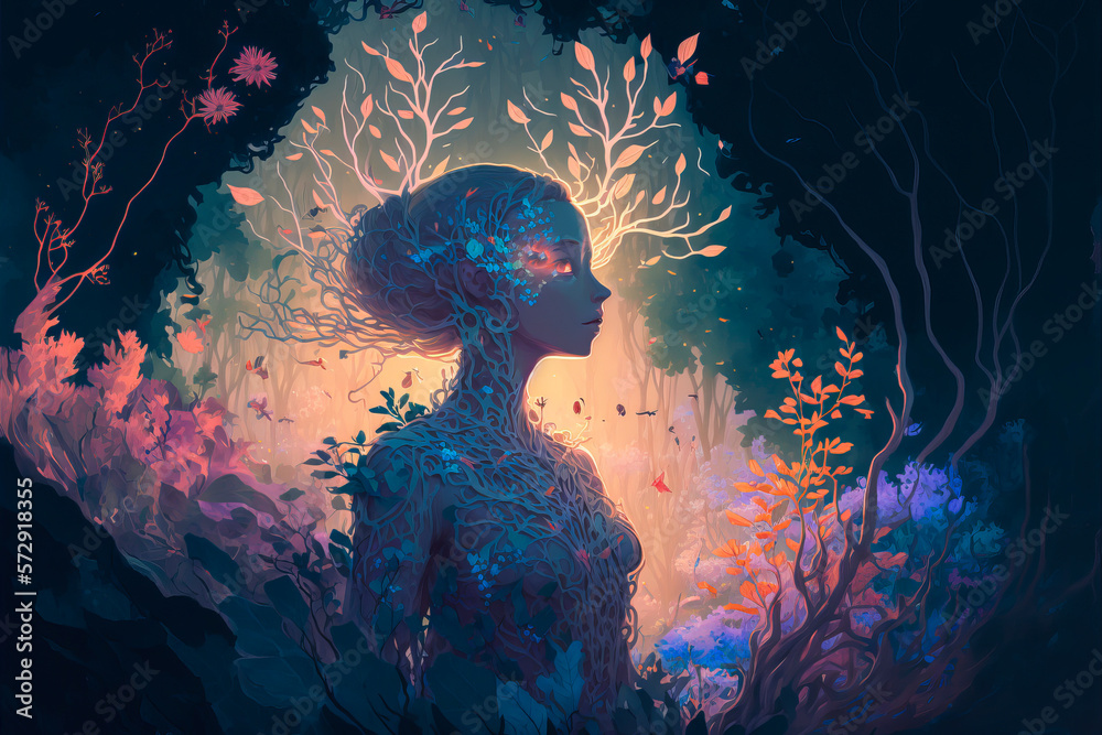 Sublime image of a being floating in a forest, accompanied by plants ...
