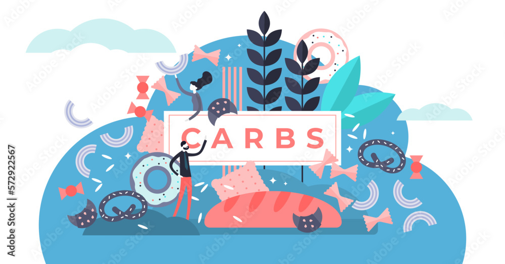 Carbs illustration, transparent background. Flat tiny sugar and wheat ...