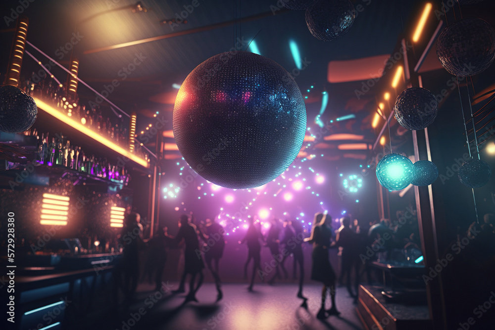 Discotheque in a nightclub, disco ball in neon light. AI generative ...