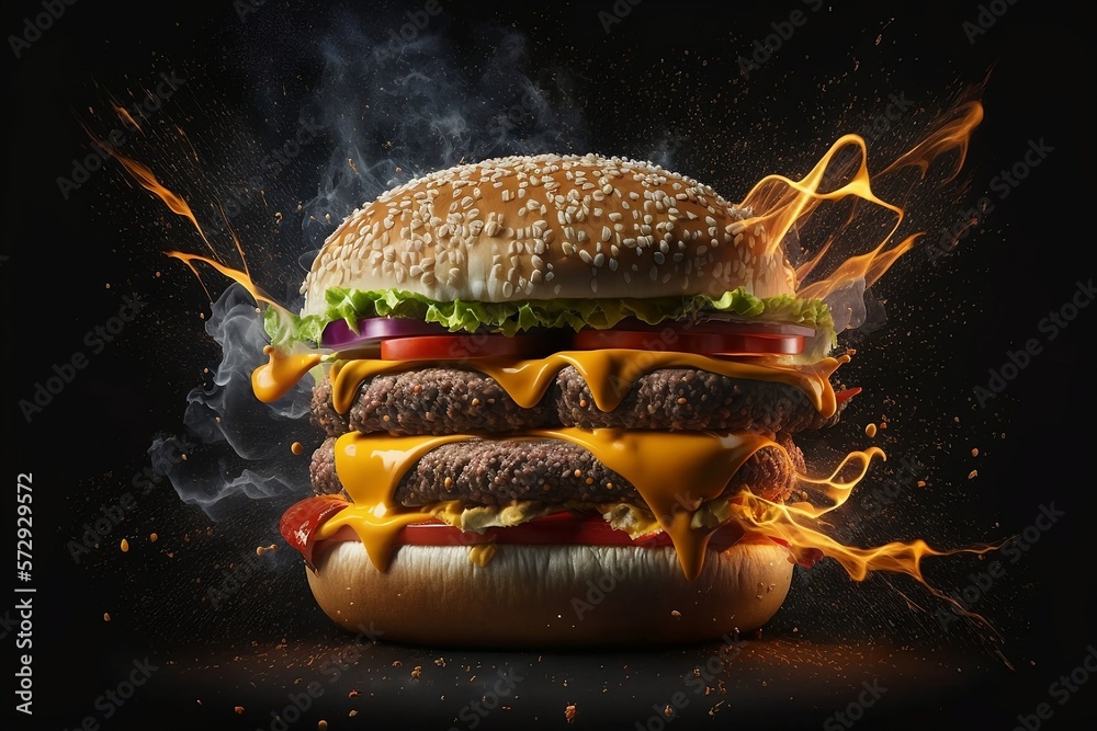 Ultrarealistic double cheeseburger, with an exploding black background ...