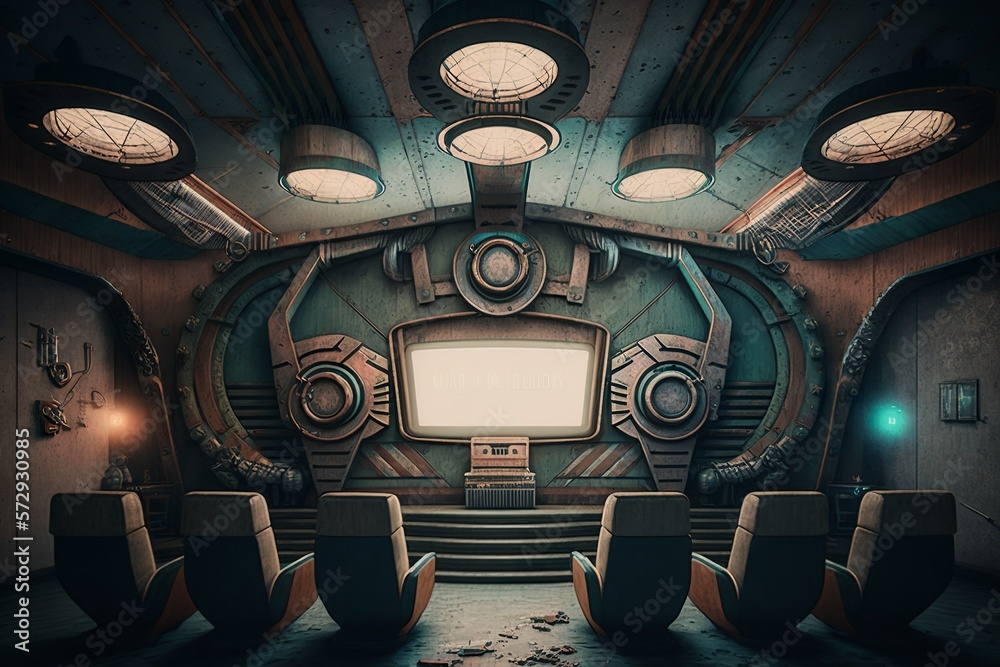 Dark futuristic sci-fi cinema theater screening room with art deco style ceiling and ...