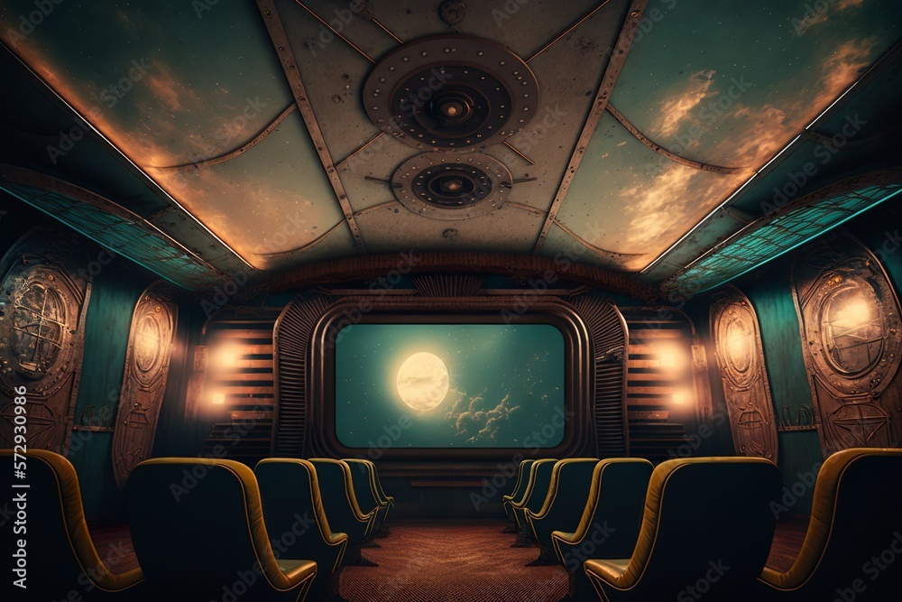 Dark futuristic sci-fi cinema theater screening room with art deco ...
