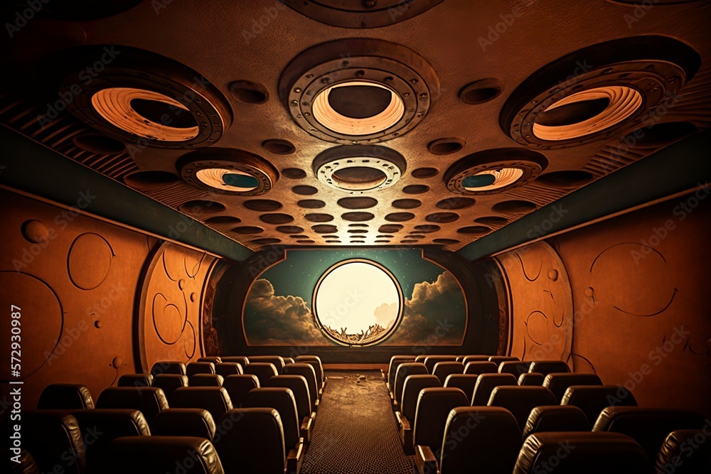 Dark futuristic sci-fi cinema theater screening room with art deco ...