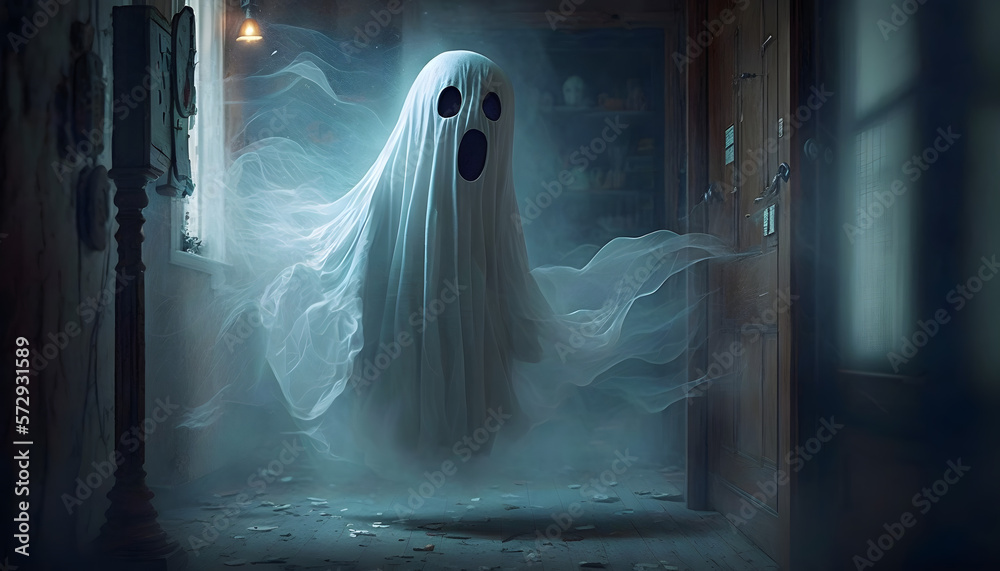 Scary, spooky ghost in haunted house. Stock Illustration | Adobe Stock