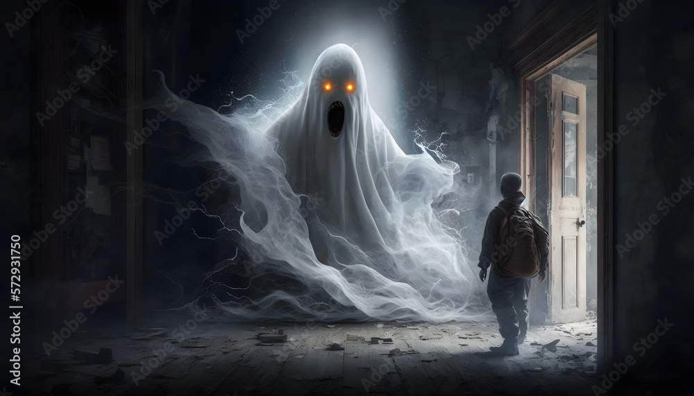 Scary, spooky ghost with red glowing eyes attacking person. Stock ...