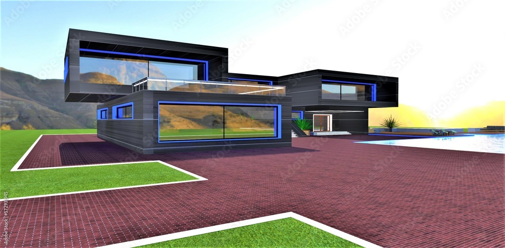 Elite suburban house with mountain sunset on the backspace. Minimalist ...