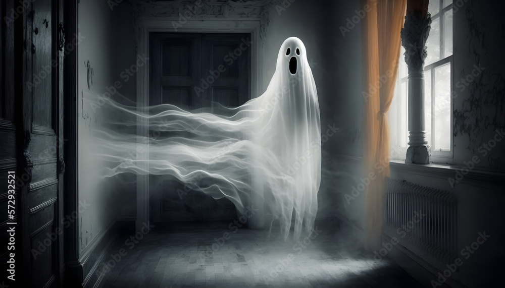 Scary, spooky ghost in haunted house. Stock Illustration | Adobe Stock