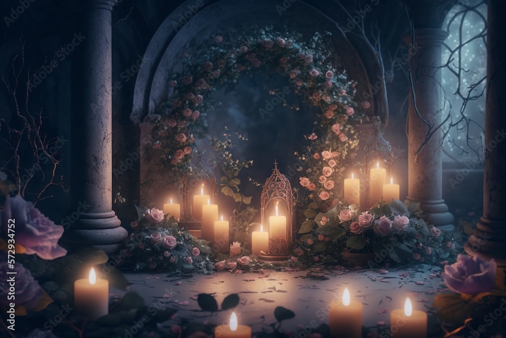 gentle mysterious fairy tale background with flowers and burning ...