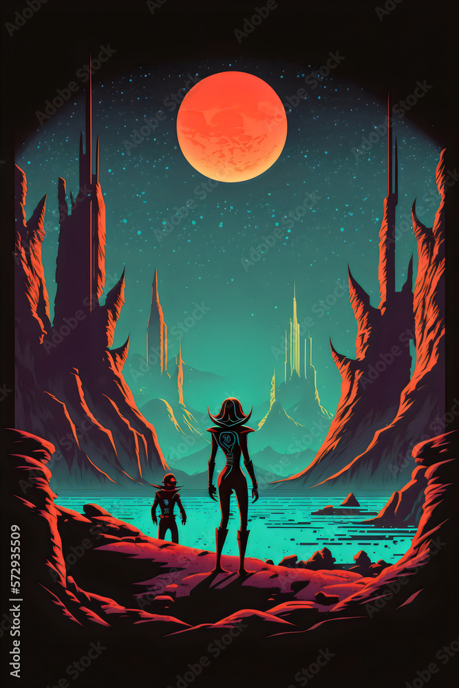 vintage sci-fi painting of two people standing on alien planet surface ...