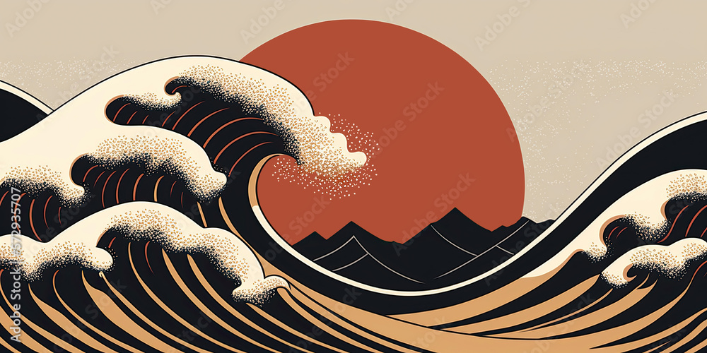 A great ocean wave in japanese style - Generative AI Stock Illustration ...