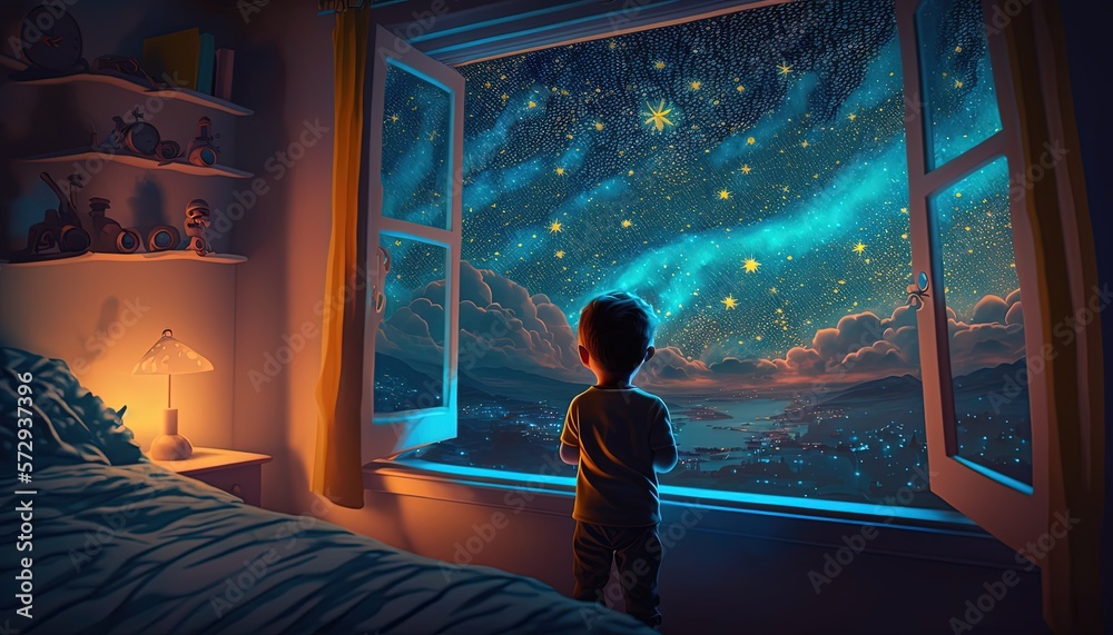 a kid watching out at big window open to galaxy sky, midnight time, idea for imagination and ...