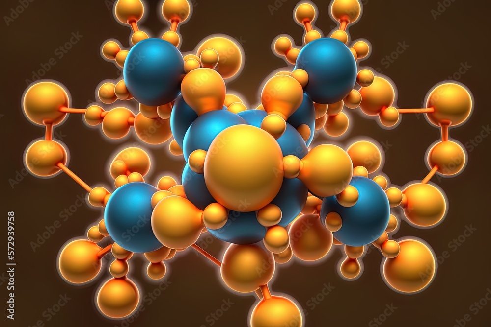 molecular closeup with spheres representing atoms joined together in a ...