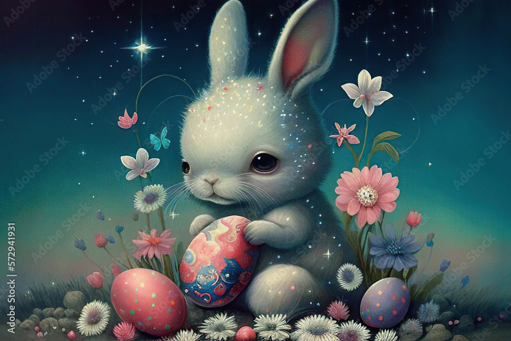 Cute little grey cartoon Easter Bunny with Easter eggs and flowers ...