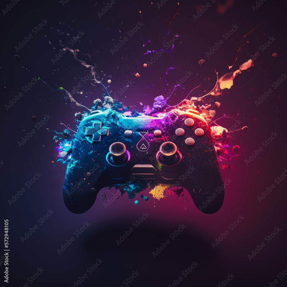 Colorful video game controller on dark background. Generative AI. Stock ...