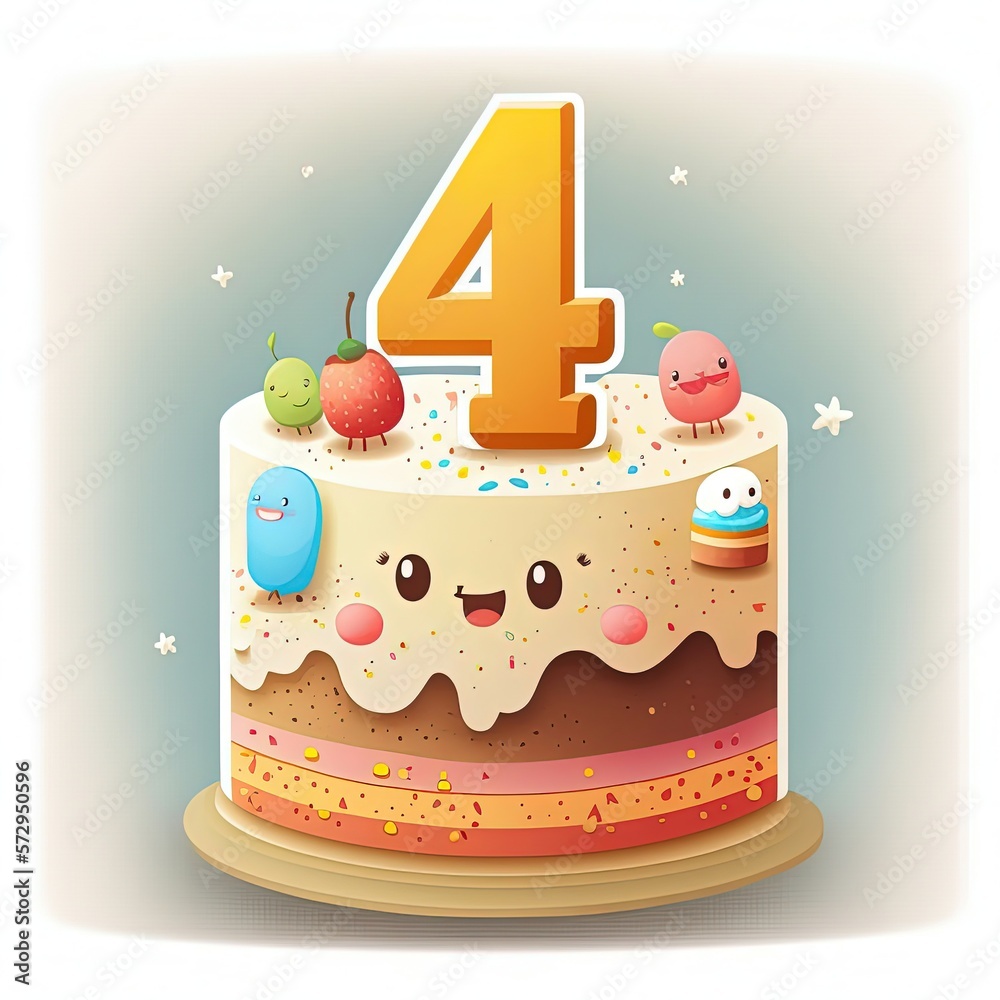 cute cartoon birthday cake for kids 4th year party generative ai ...
