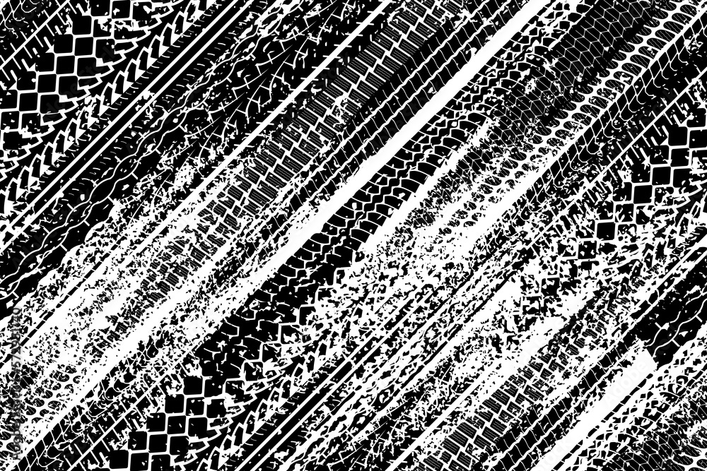 Diagonal black tire tread print or car track with grunge effect ...