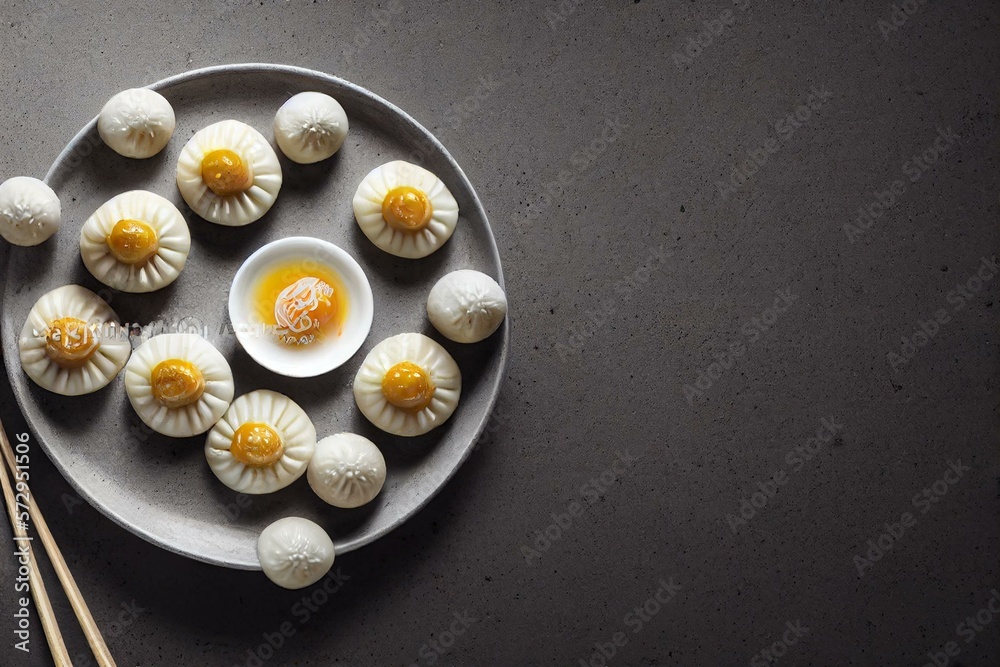 Chinese dumplings are shown up close on a background of gray concrete ...