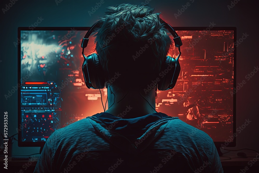 Young gamer looking at monitor from behind. Concept for information ...