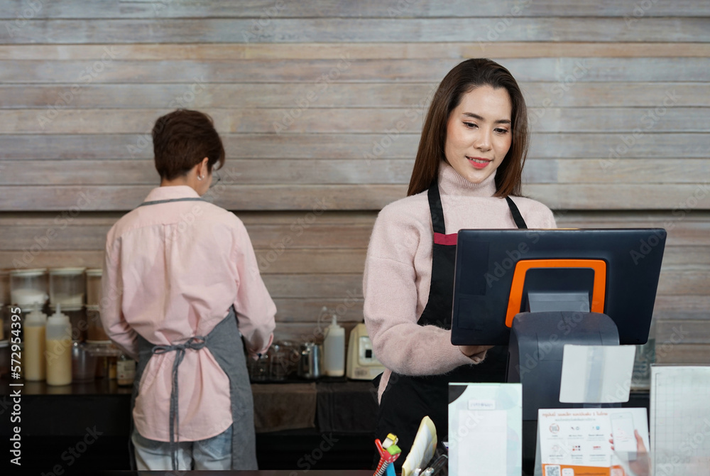 happy asian female wears apron working at cash register counter, young ...