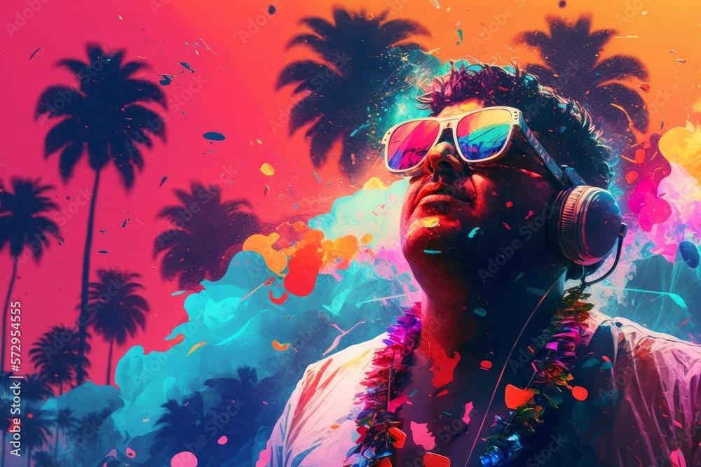 DJ wears headphones and sunglasses. Clubbing at hot summer vacation ...