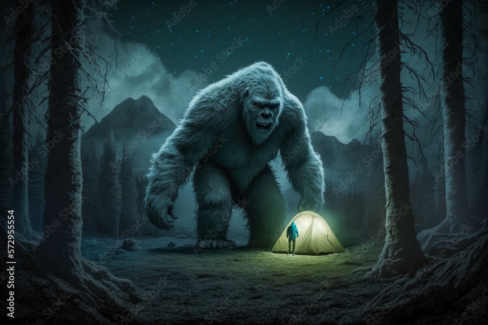 Sasquatch bigfoot yeti stands over a tourist tent. Fear of spending the ... Sasquatch bigfoot yeti stands over a tourist tent. Fear of spending the ...