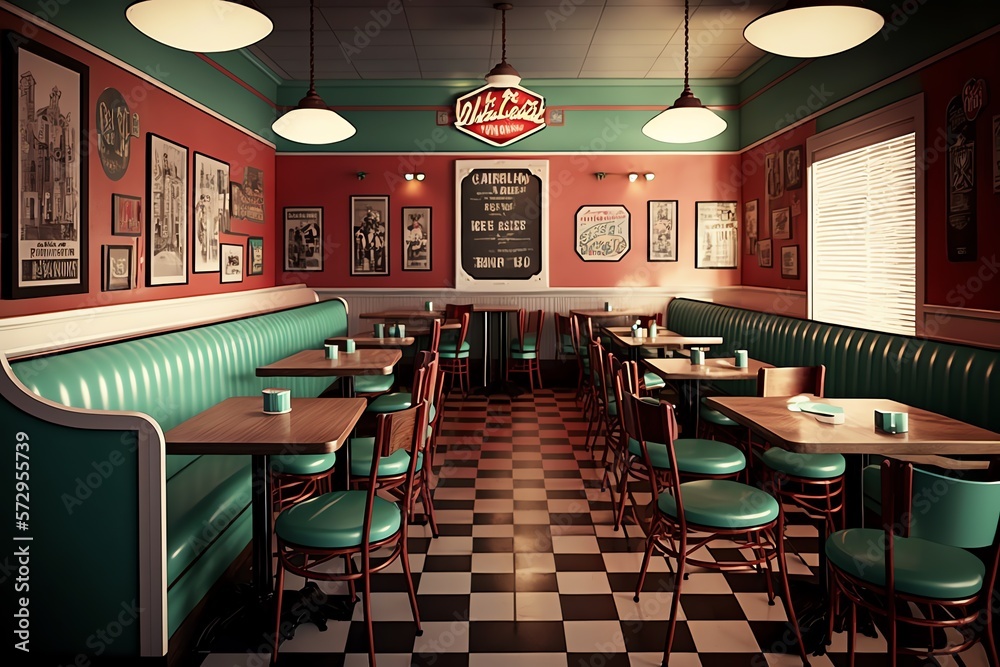 Retro American Restaurant Interior with Tables, sofas. Generative AI ...