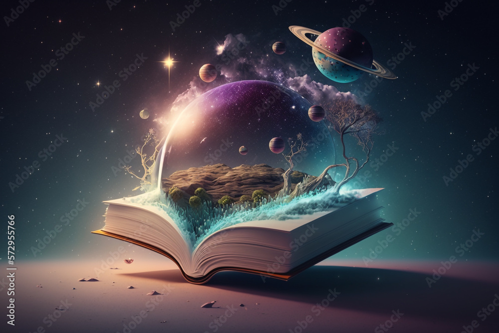 A surreal scene of a book floating in space with a brain-shaped planet in the background ...
