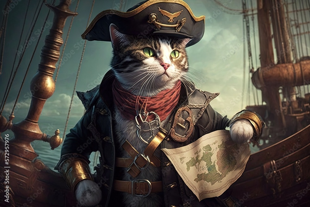 Pirate cat with hat with map of treasure chest illustration generative ...
