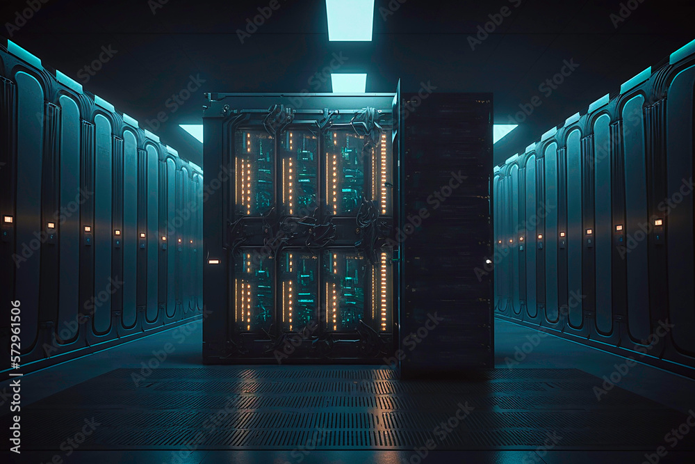 Laptop Computer Terminal In Industrial Server Room. AI generativ. Stock ...