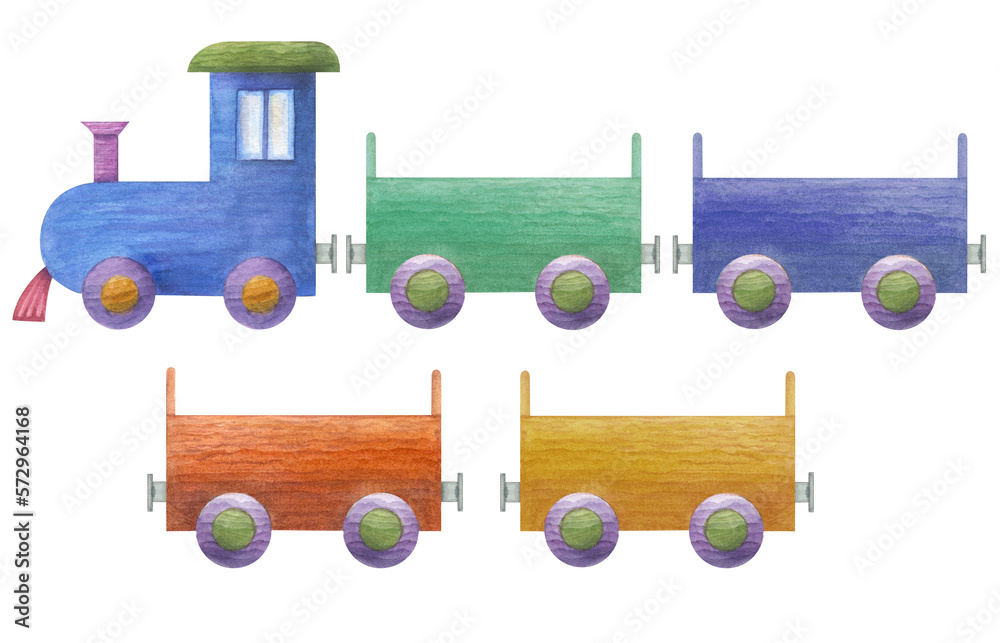 Watercolor illustration of a set of kid wooden train isolated on white ...