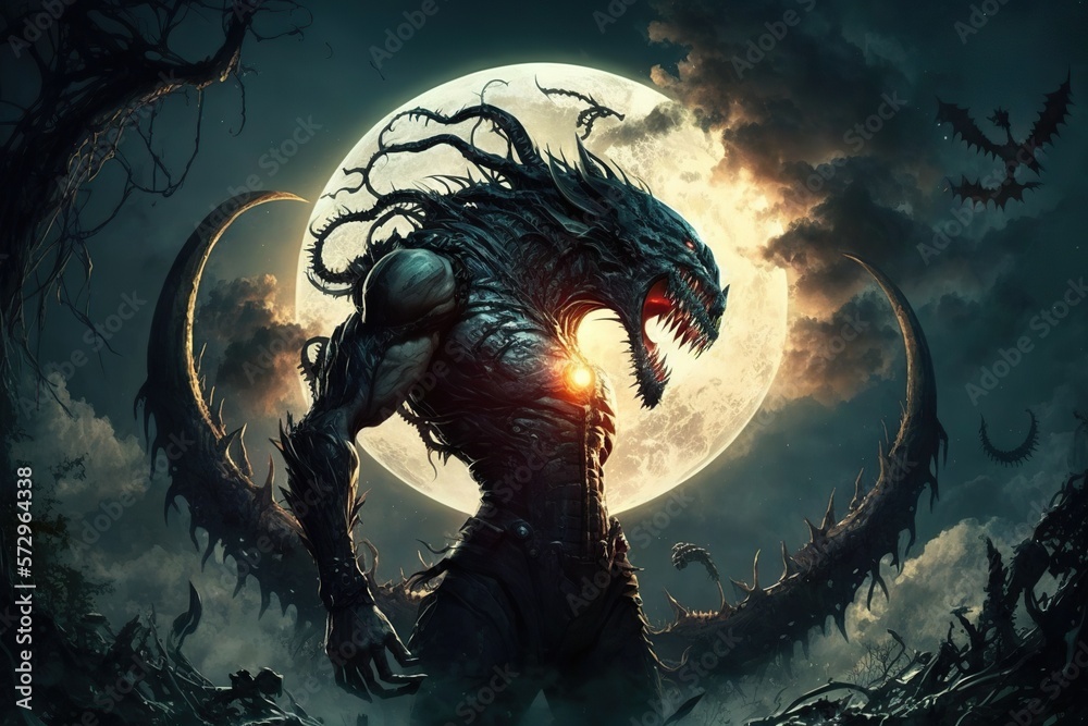 illustration of a monstrous being with polearms and moon in background ...
