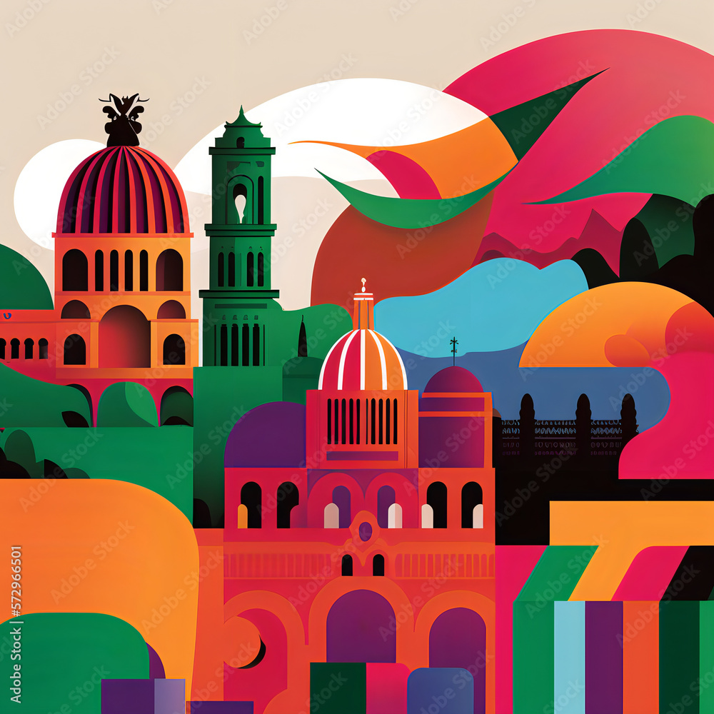 A vibrant digital illustration of Mexico City's skyline featuring ...