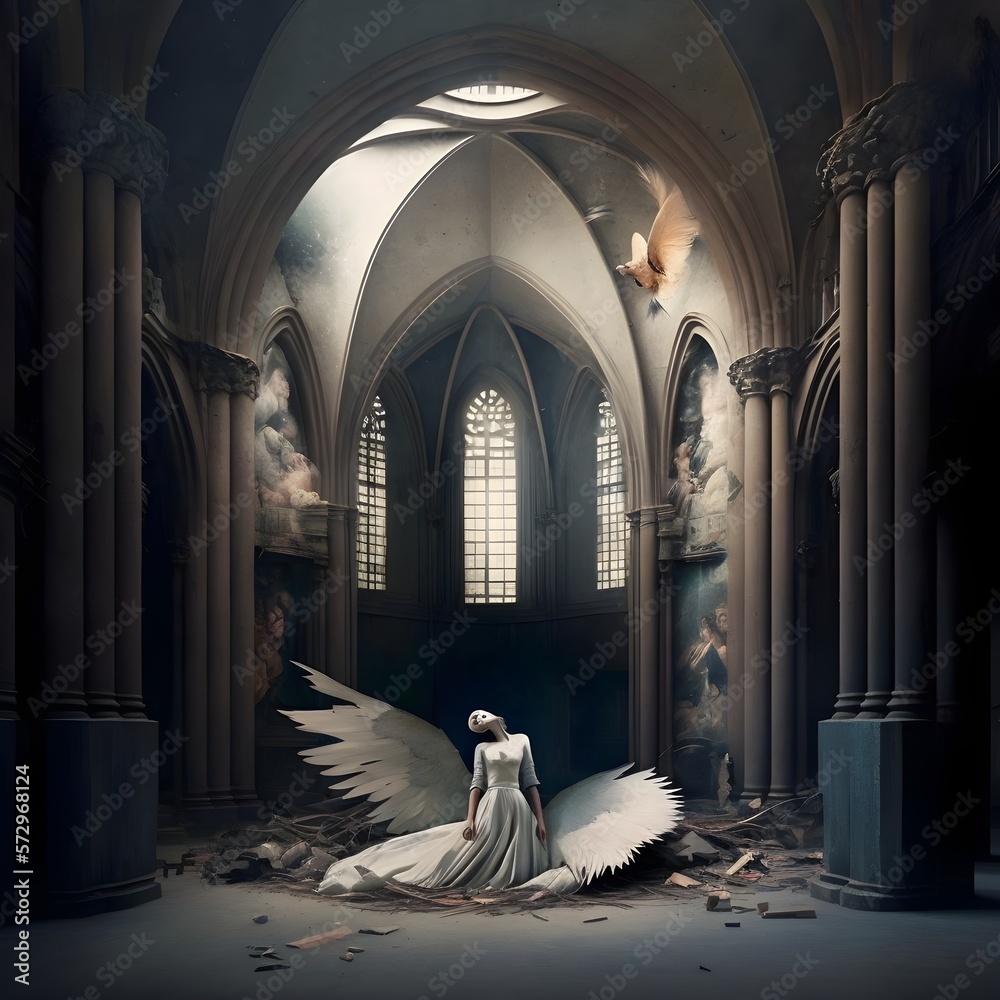 fallen angel woman in a old abandoned cathedral by Hieronymus Bosch ...